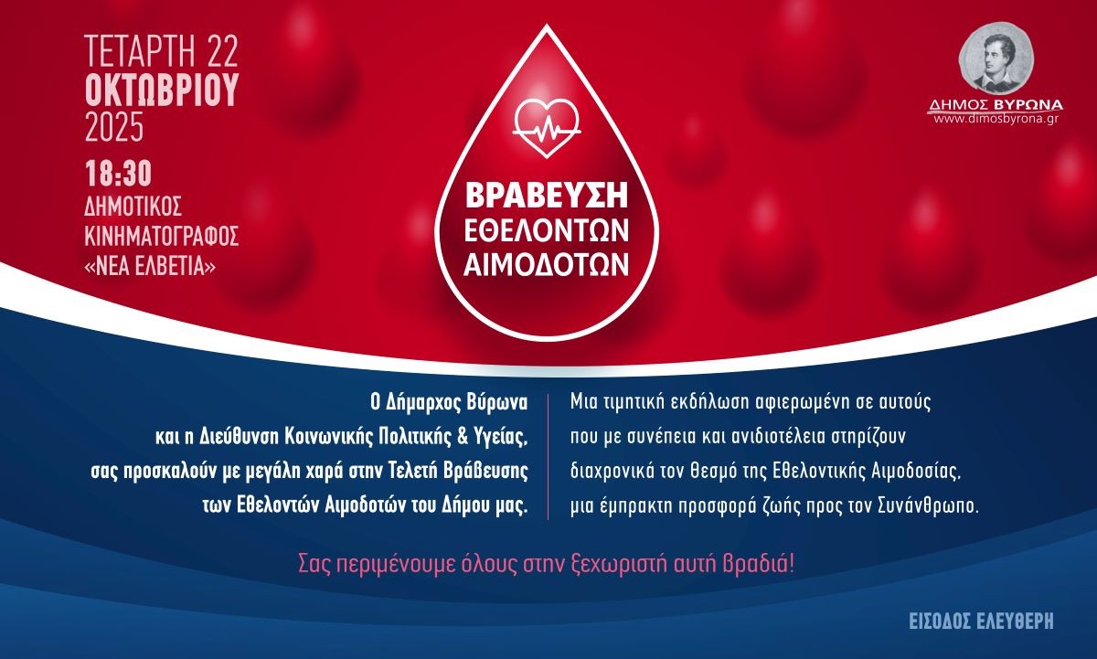 Τελετή Βράβευσης των Εθελοντών Αιμοδοτών του Δήμου Βύρωνα – 22 ...